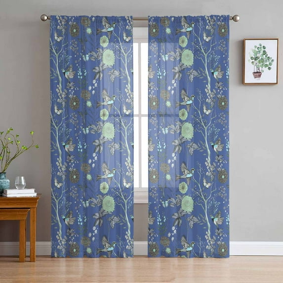 ERUNPONLY Botanical Blue Sheer Curtains 84 Inch Length 2 Panels Set ...
