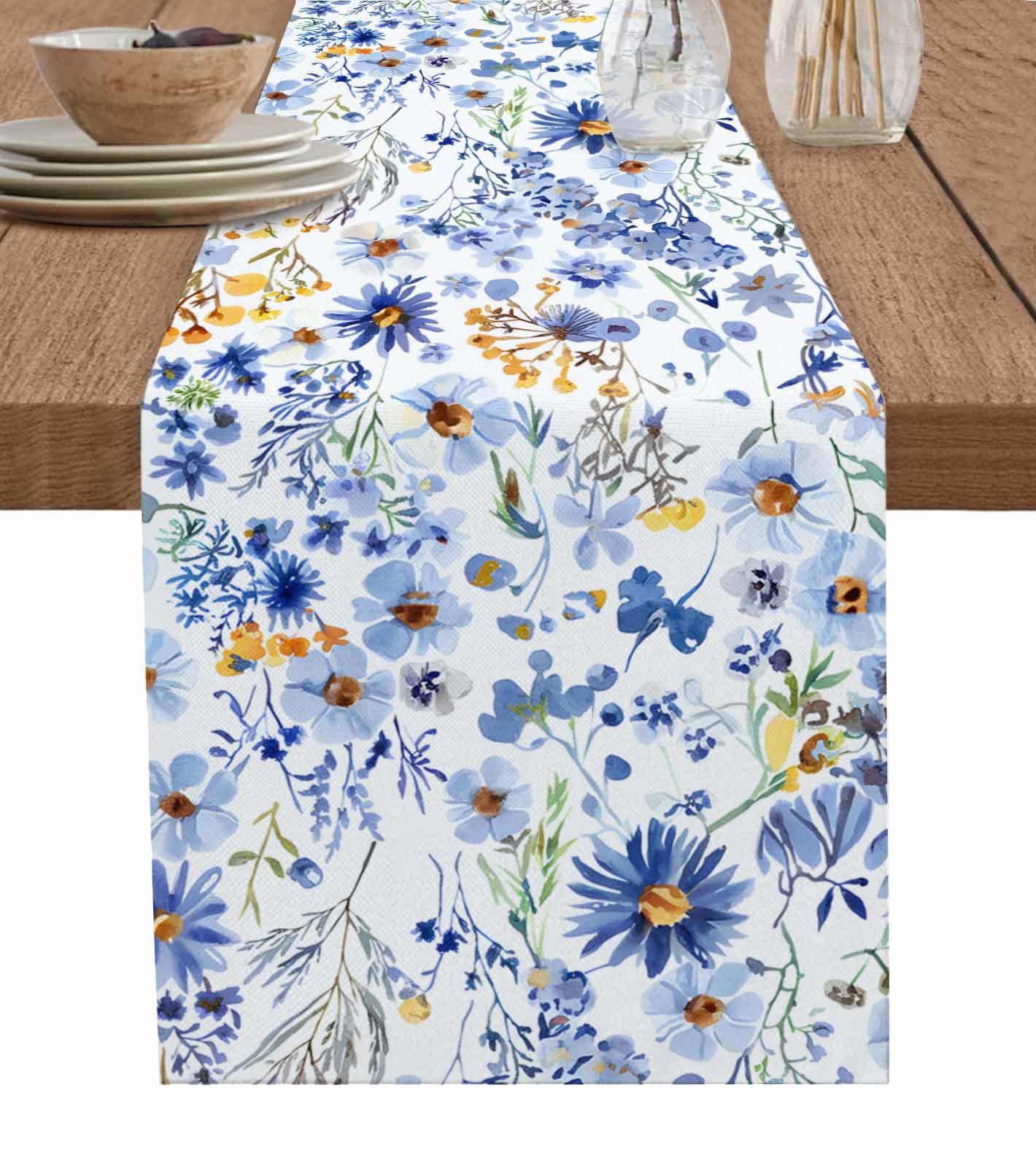 ERUNPONLY Botanical Floral Table Runner - 108 Inch Long Blue Flowers ...