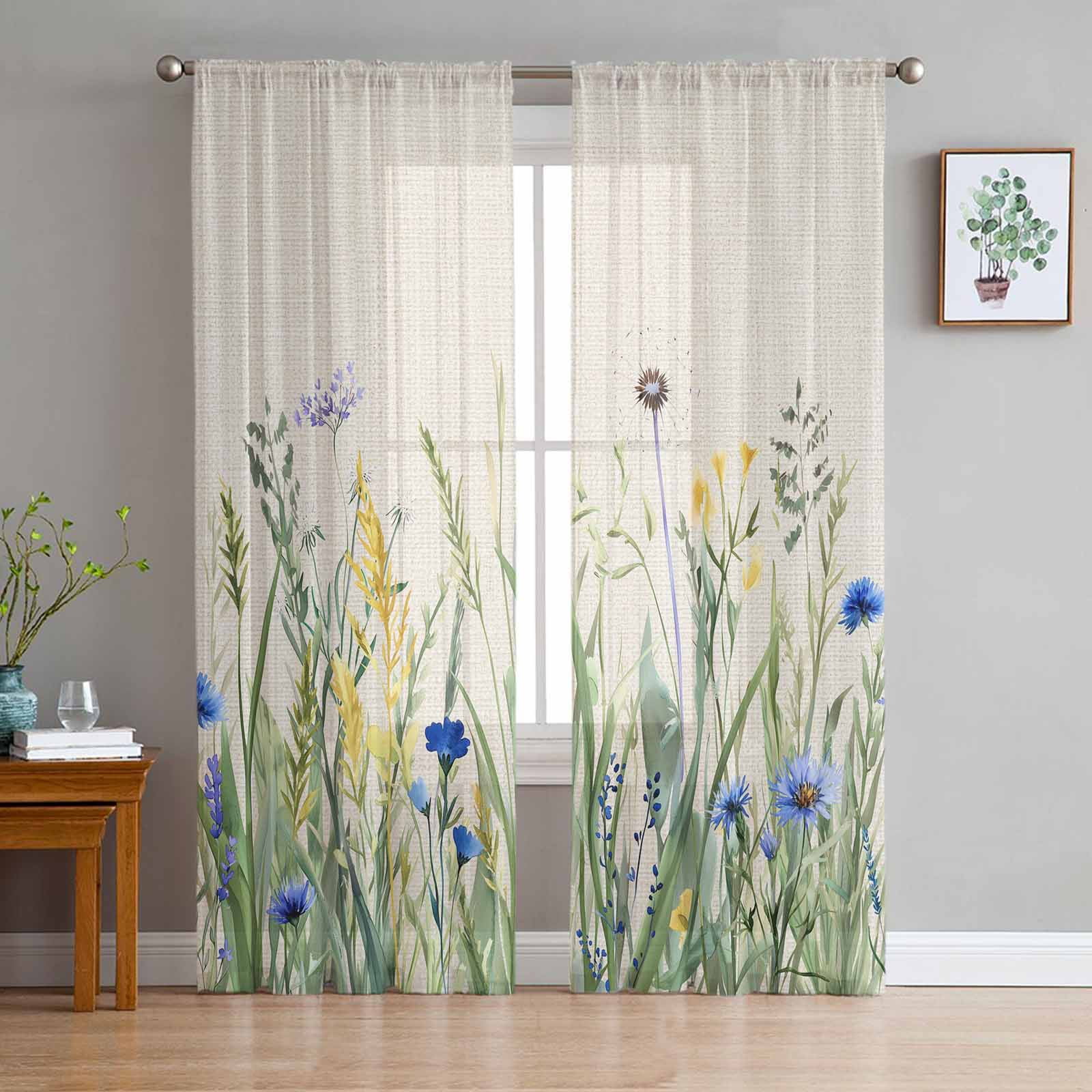 ERUNPONLY Botanical Flower Sheer Curtains 63 Inch Length 2 Panels Set ...