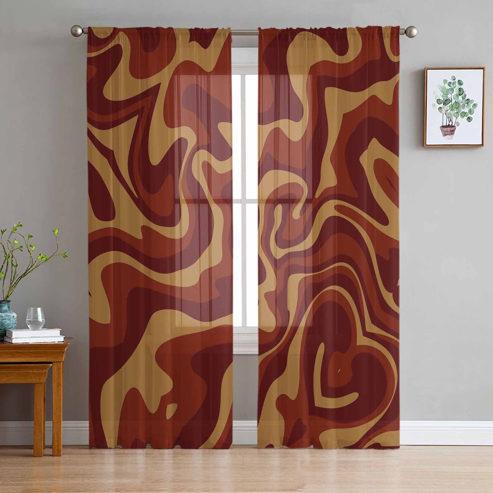 ERUNPONLY Brown Abstract Line Sheer Curtains 84 Inch Length 2 Panels ...