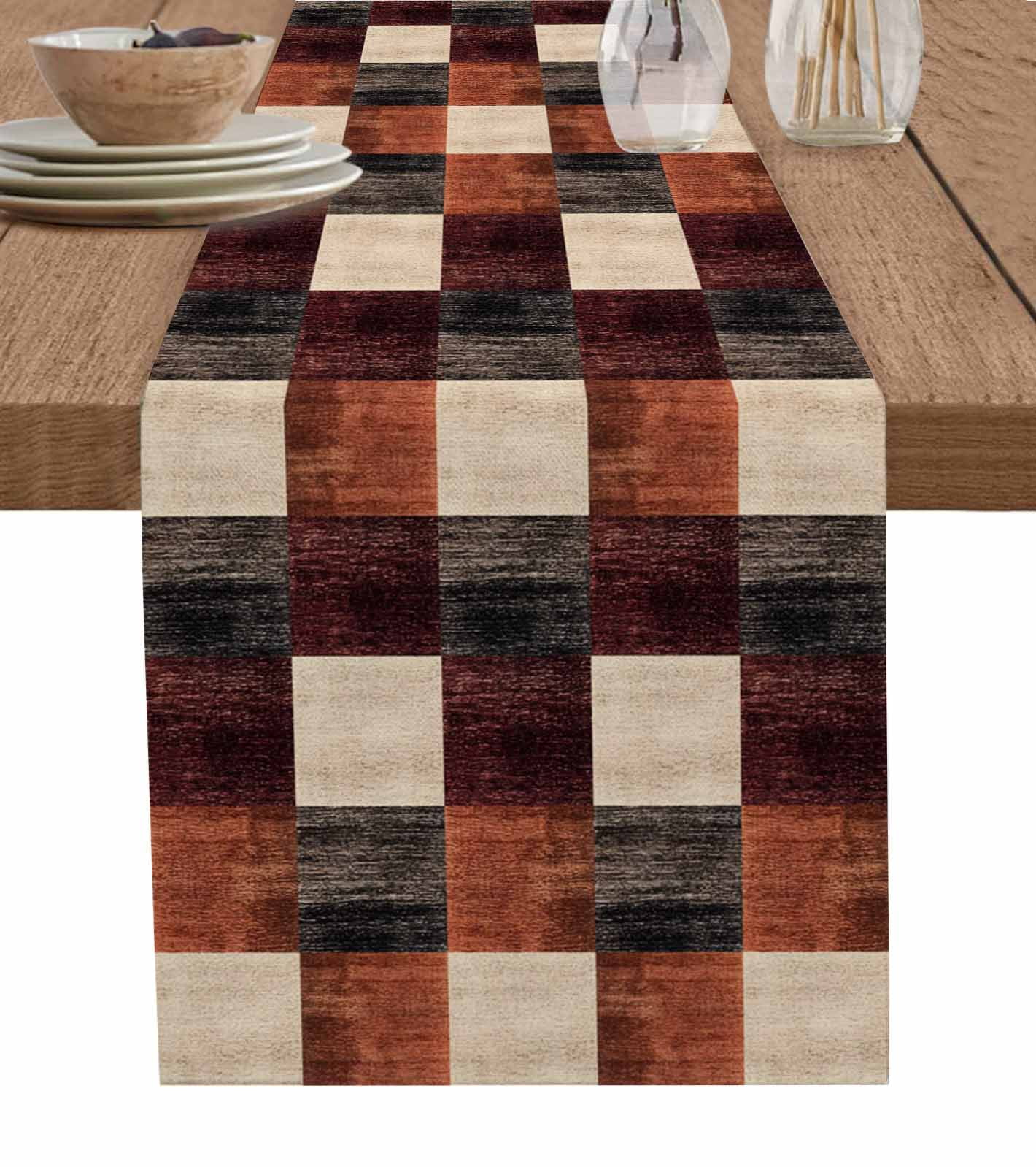 ERUNPONLY Brown Beige Block Table Runner - 70 Inch Long Abstract Art ...