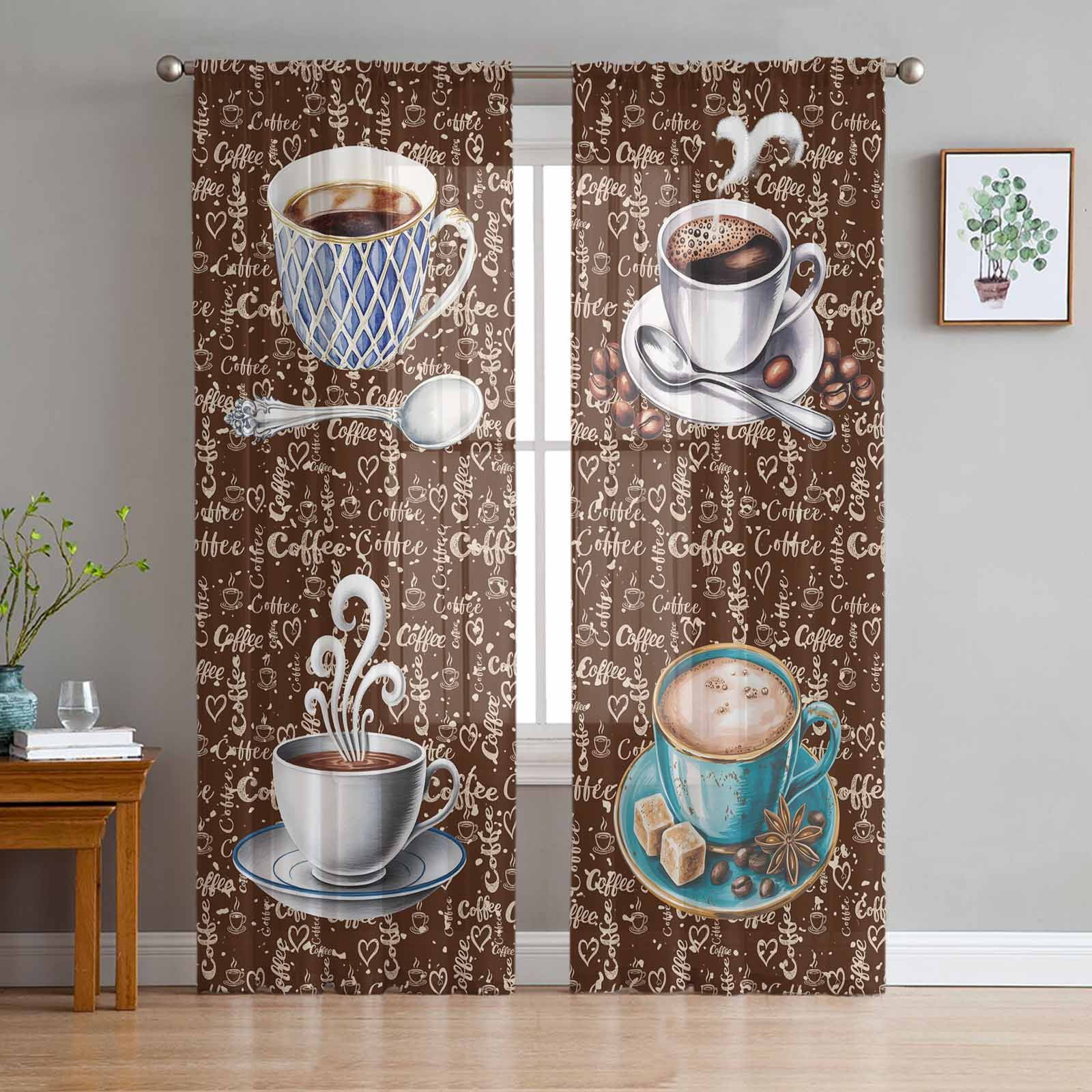 ERUNPONLY Brown Coffee Farmhouse Sheer Curtains 63 Inch Length 2 Panels ...