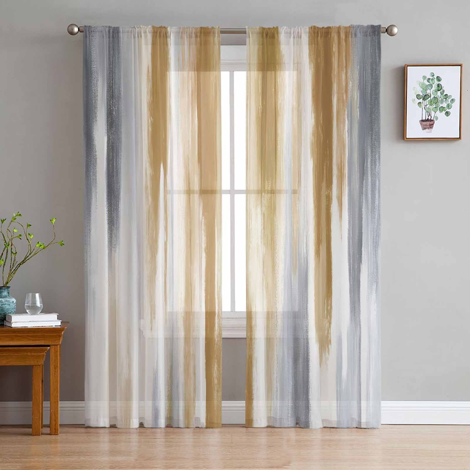 ERUNPONLY Brown Gray Sheer Curtains 84 Inch Length 2 Panels Set ...