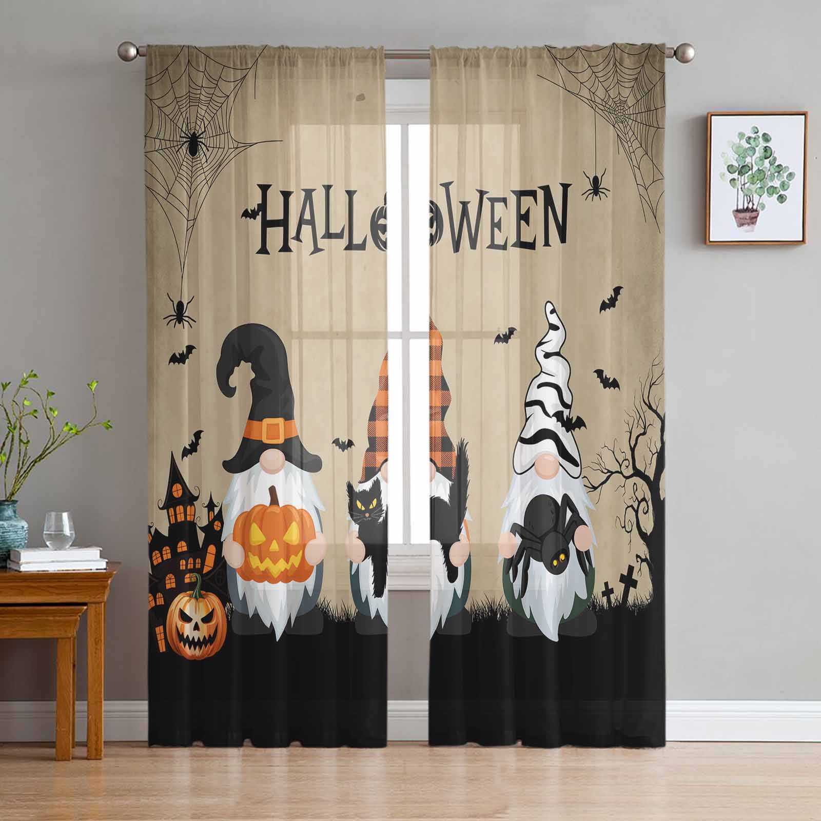 ERUNPONLY Brown Halloween Sheer Curtains 63 Inch Length 2 Panels Set ...