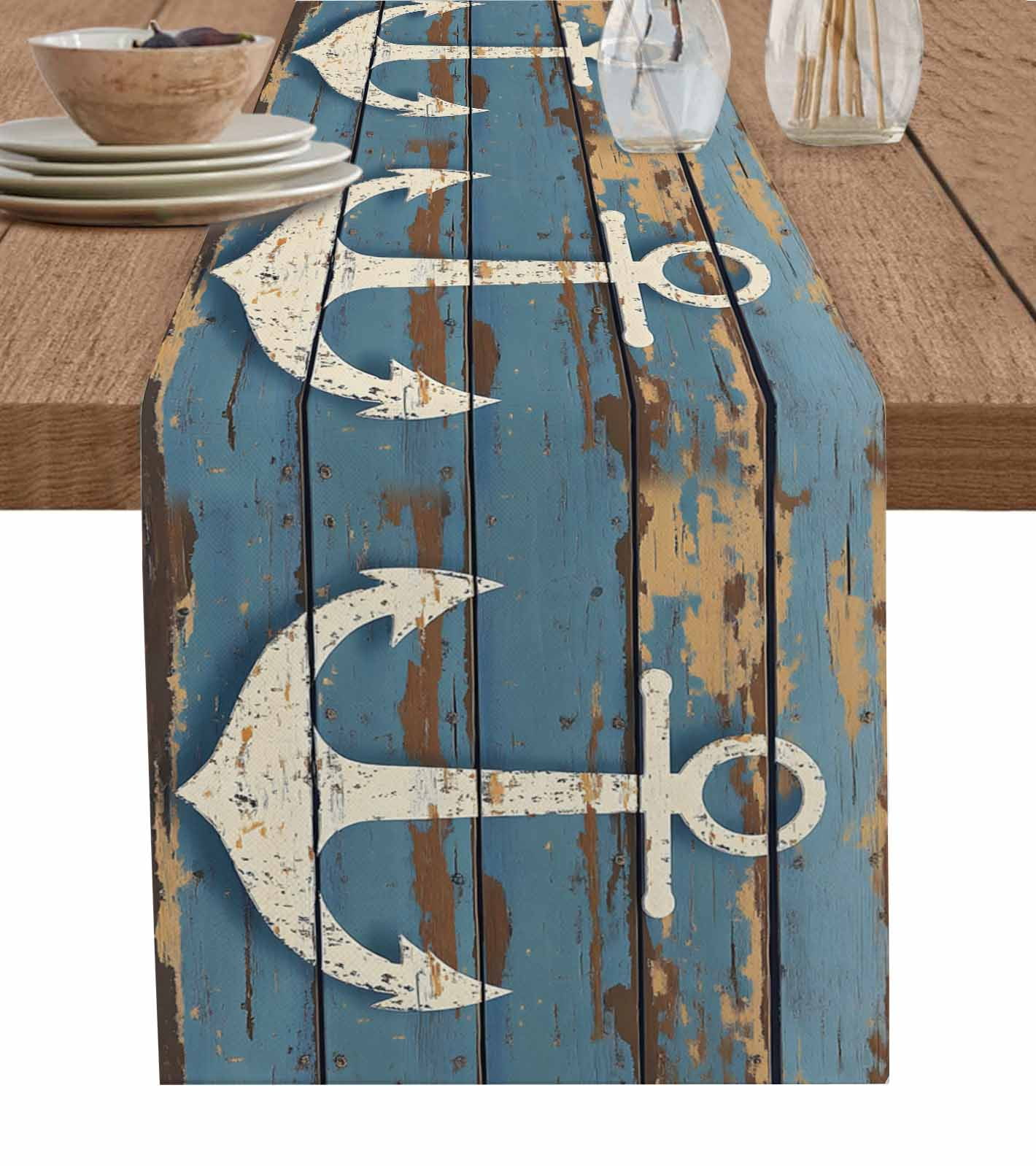 ERUNPONLY Brown Nautical Anchor Table Runner - 72 Inch Long Coastal ...