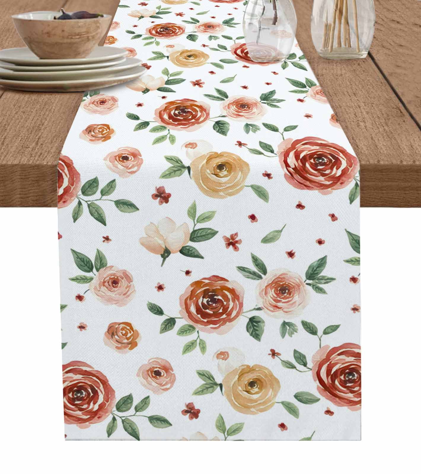 ERUNPONLY Brown Red Flowers Table Runner - 90 Inch Long Rustic ...