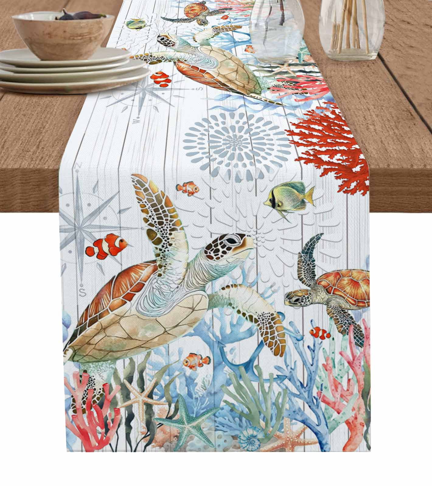 ERUNPONLY Brown Sea Turtle Coastal Table Runner - 72 Inch Long Summer Beach Coral Starfish ...