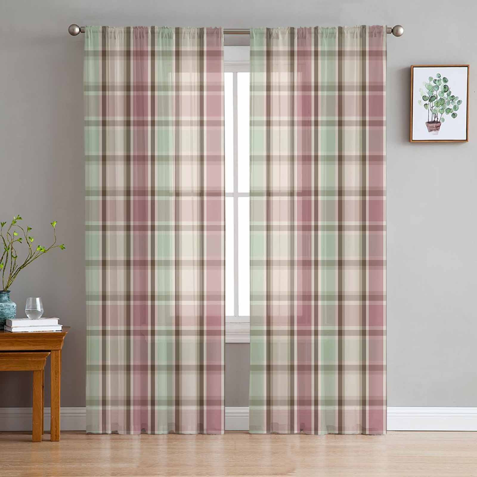 ERUNPONLY Buffalo Plaid Sheer Curtains 63 Inch Length 2 Panels Set ...