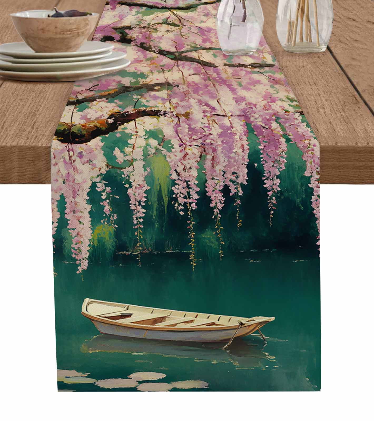 ERUNPONLY Cherry Blossom Table Runner - 72 Inch Long Forest Lake Boat Flowers Modern Paint ...