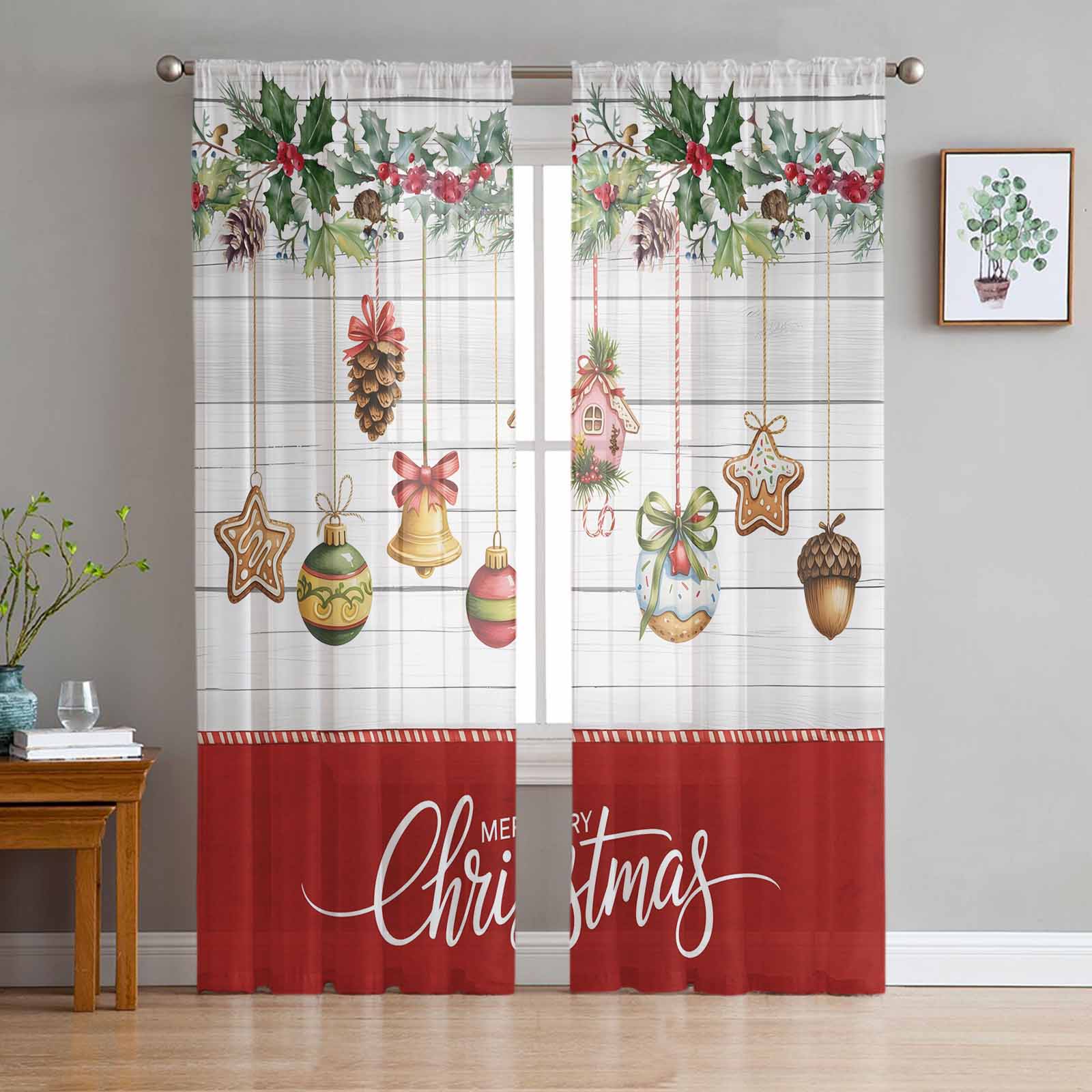 ERUNPONLY Christmas Balls Sheer Curtains 84 Inch Length 2 Panels Set ...
