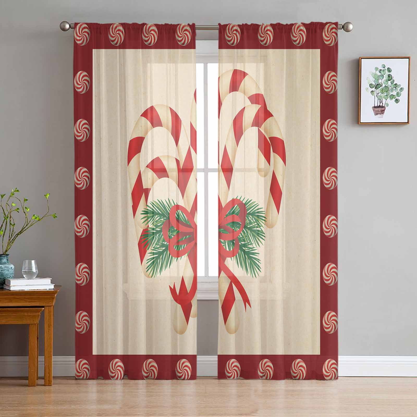 ERUNPONLY Christmas Candy Cane Sheer Curtains 63 Inch Length 2 Panels ...