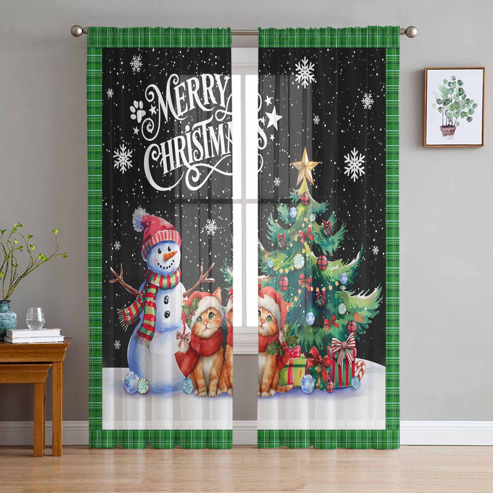 ERUNPONLY Christmas Cat Snowman Sheer Curtains 72 Inch Length 2 Panels ...