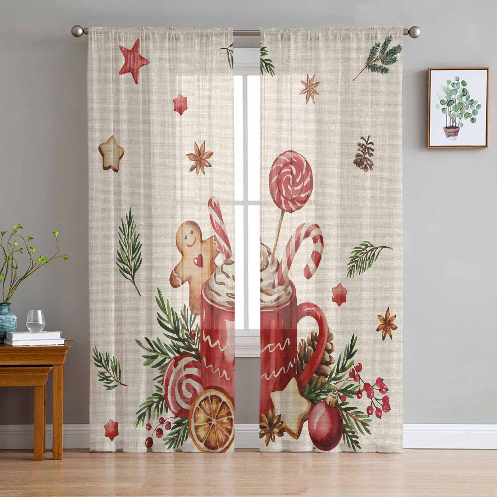 ERUNPONLY Christmas Gingerbread Sheer Curtains 63 Inch Length 2 Panels ...