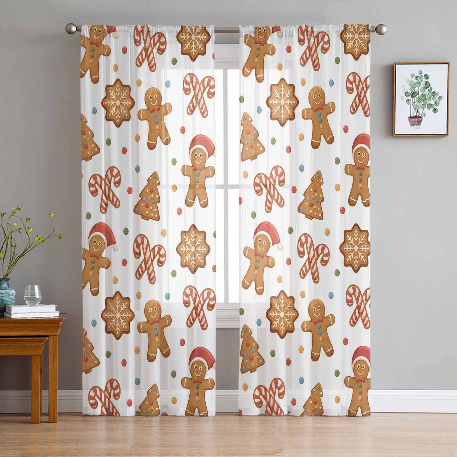 ERUNPONLY Christmas Gingerbread Sheer Curtains 63 Inch Length 2 Panels ...