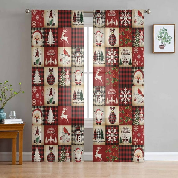 ERUNPONLY Christmas Plaid Sheer Curtains 84 Inch Length 2 Panels Set ...