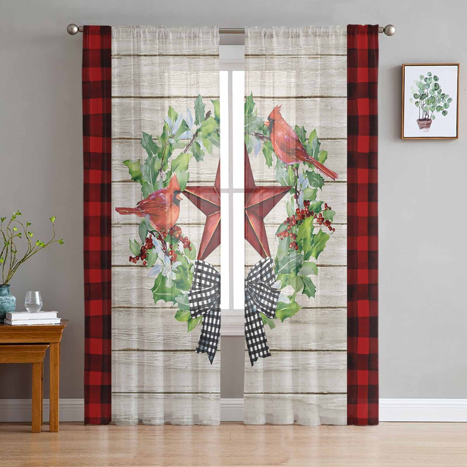 ERUNPONLY Christmas Red Birds Sheer Curtains 63 Inch Length 2 Panels ...