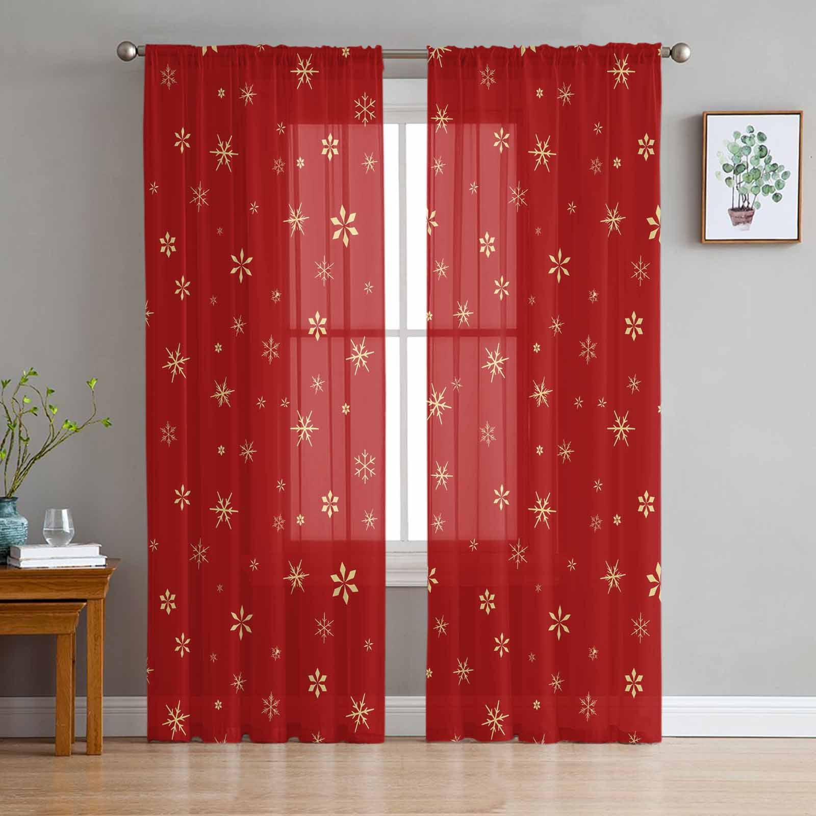 ERUNPONLY Christmas Red Sheer Curtains 63 Inch Length 2 Panels Set ...