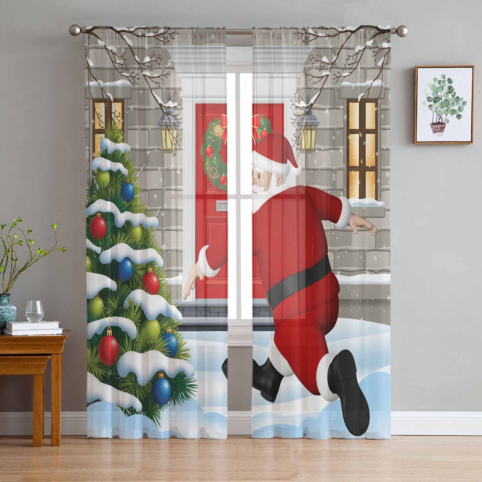 ERUNPONLY Christmas Santa Sheer Curtains 63 Inch Length 2 Panels Set ...
