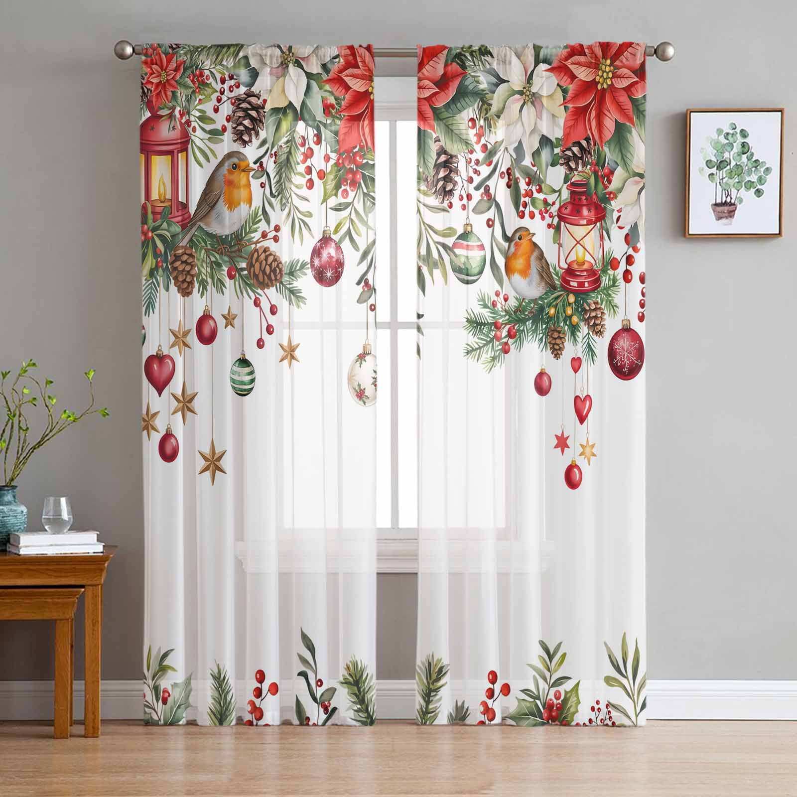 ERUNPONLY Christmas Sheer Curtains 72 Inch Length 2 Panels Set, Xmas ...