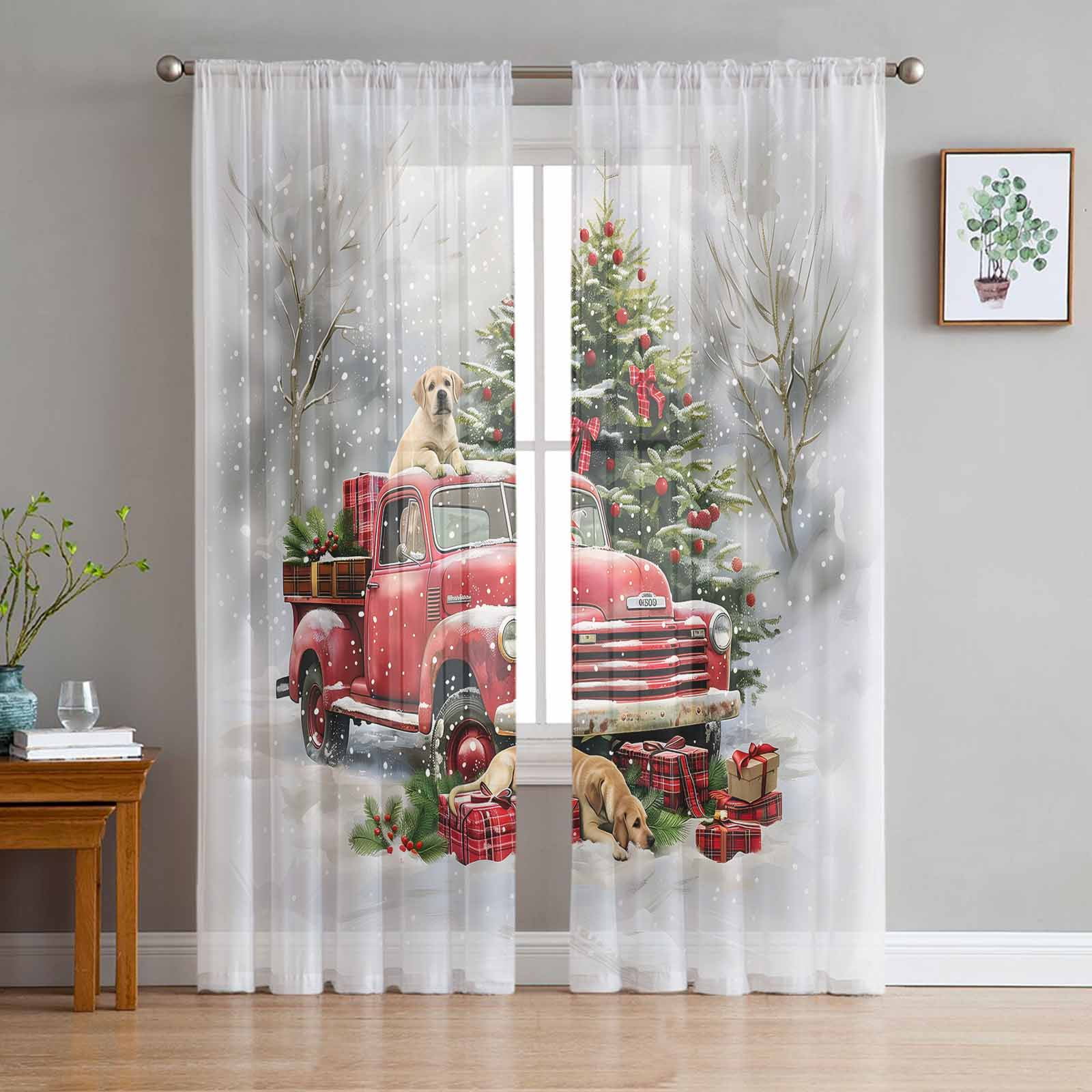 ERUNPONLY Christmas Sheer Curtains 84 Inch Length 2 Panels Set, Red ...