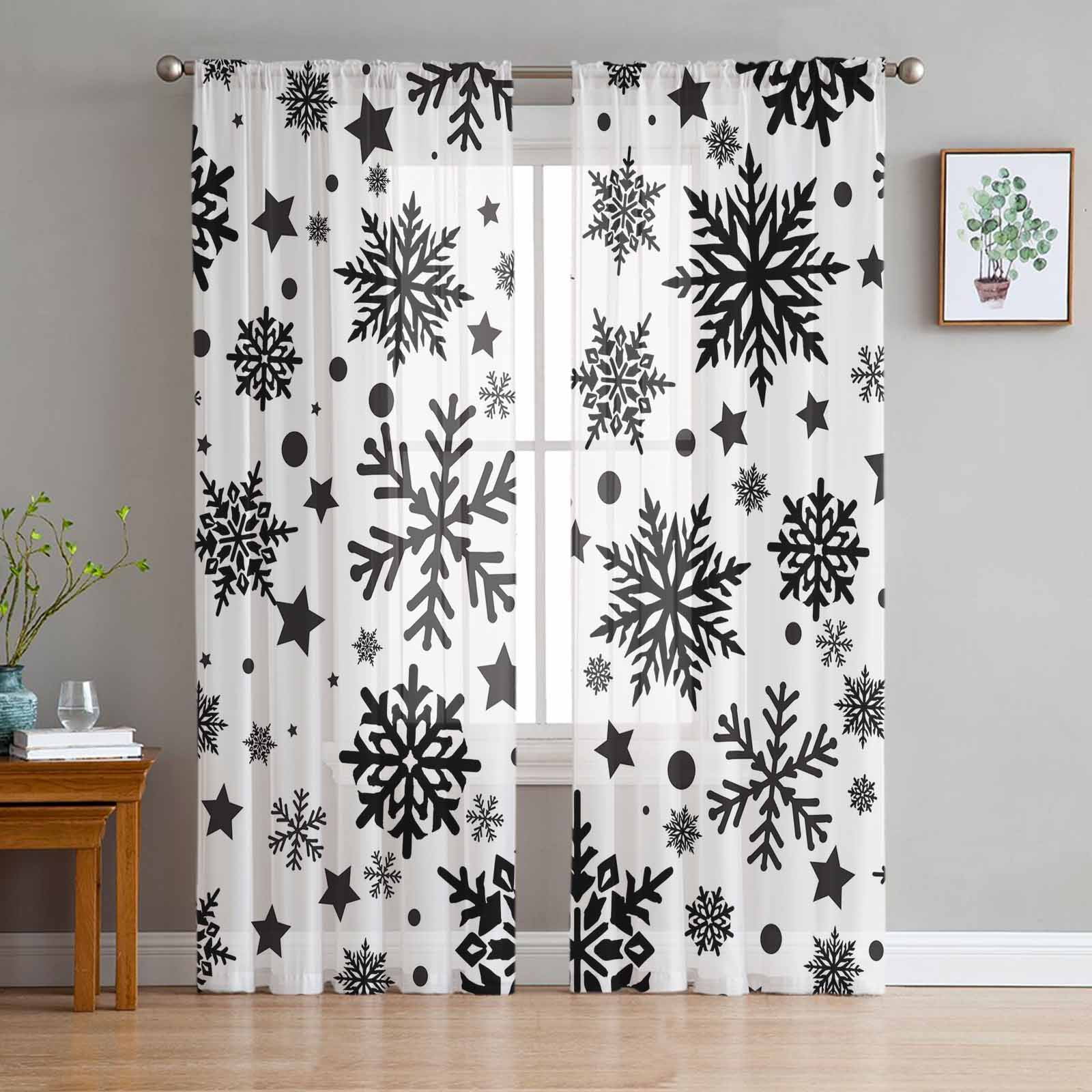 ERUNPONLY Christmas Snowflake Sheer Curtains 63 Inch Length 2 Panels Set, Winter Xmas Simple ...