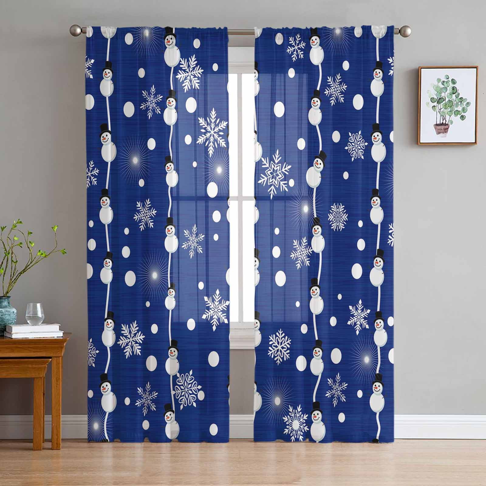 ERUNPONLY Christmas Snowman Blue Sheer Curtains 63 Inch Length 2 Panels ...