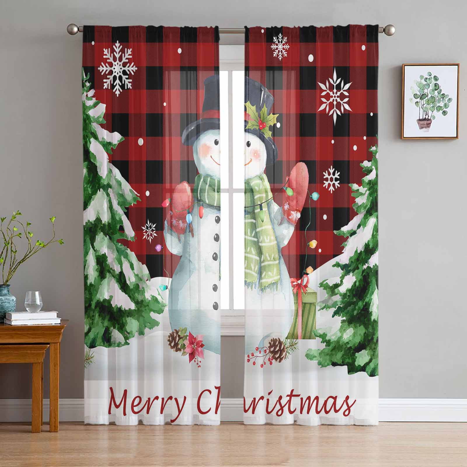 ERUNPONLY Christmas Snowman Sheer Curtains 63 Inch Length 2 Panels Set ...