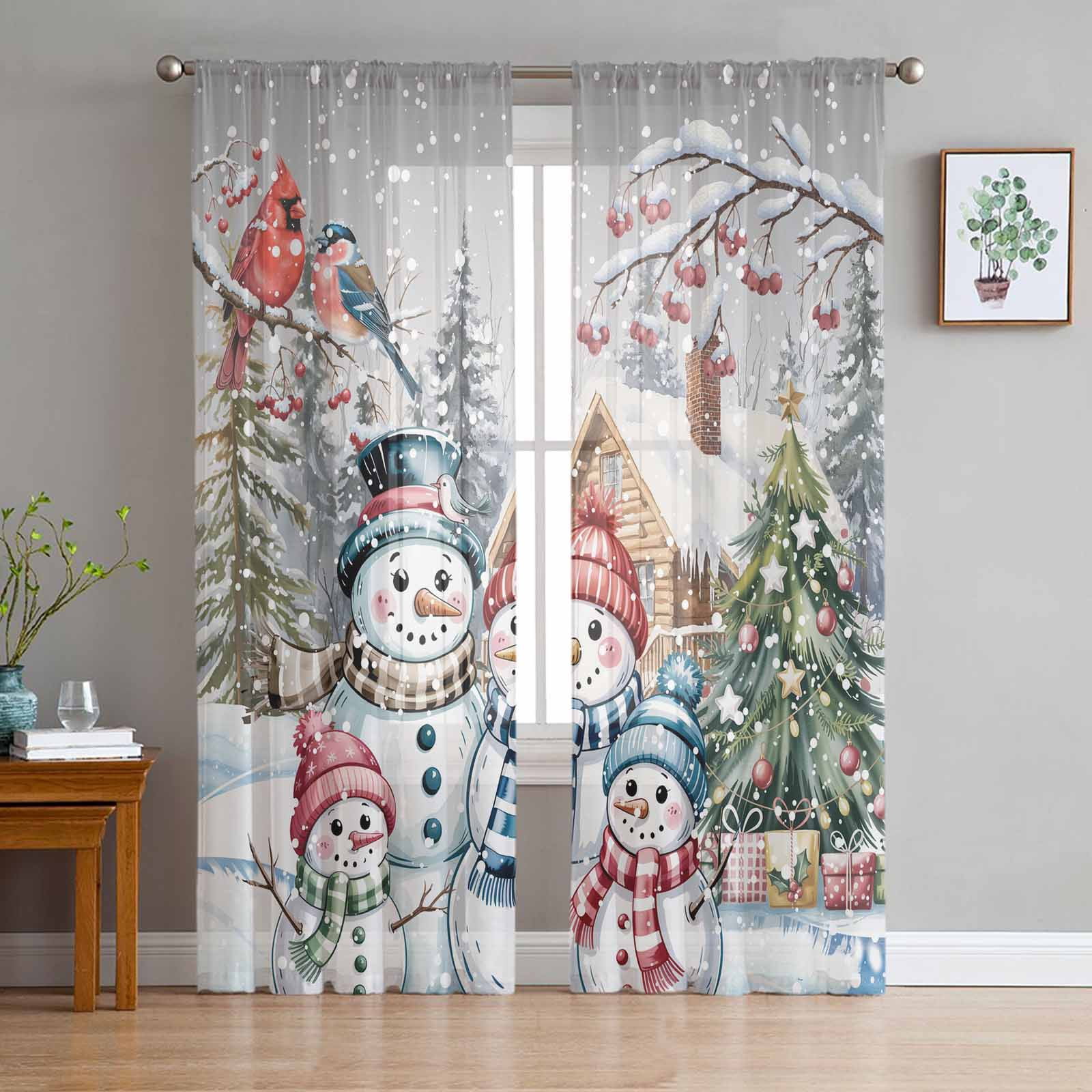 ERUNPONLY Christmas Snowman Sheer Curtains 63 Inch Length 2 Panels Set ...