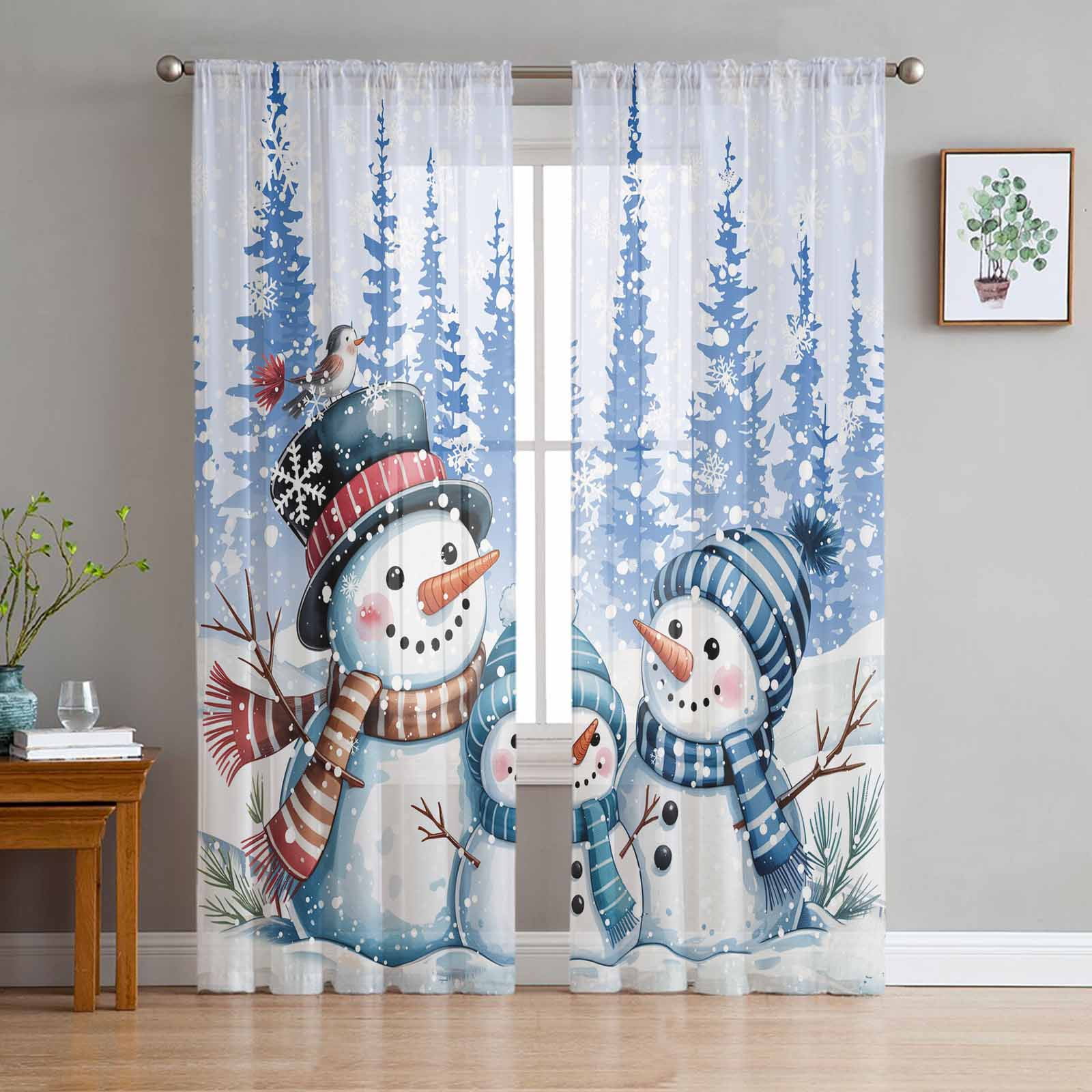 ERUNPONLY Christmas Snowman Sheer Curtains 63 Inch Length 2 Panels Set ...