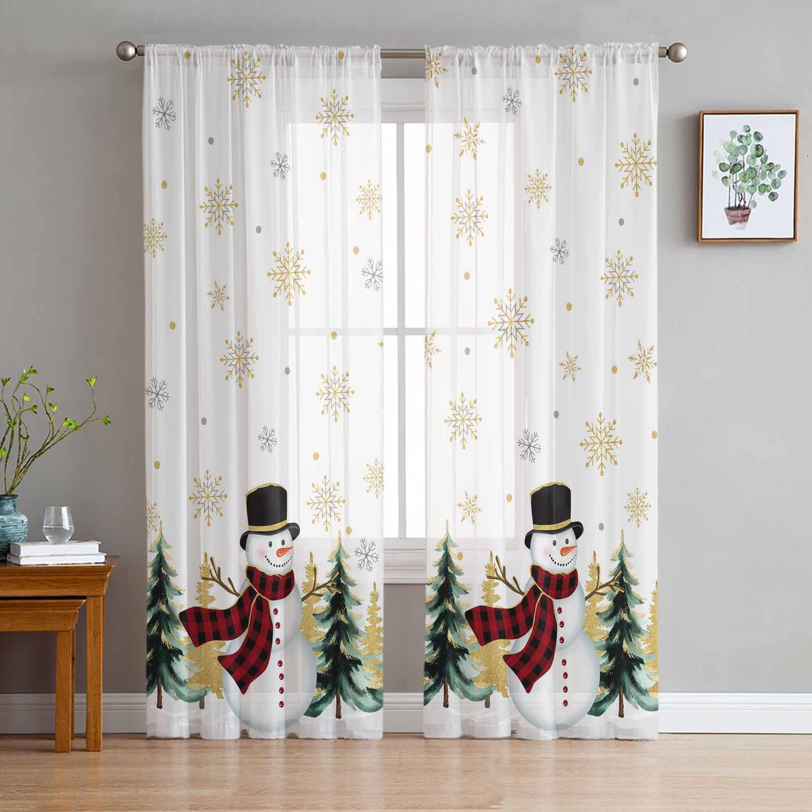 ERUNPONLY Christmas Snowman Sheer Curtains 96 Inch Length 2 Panels Set ...