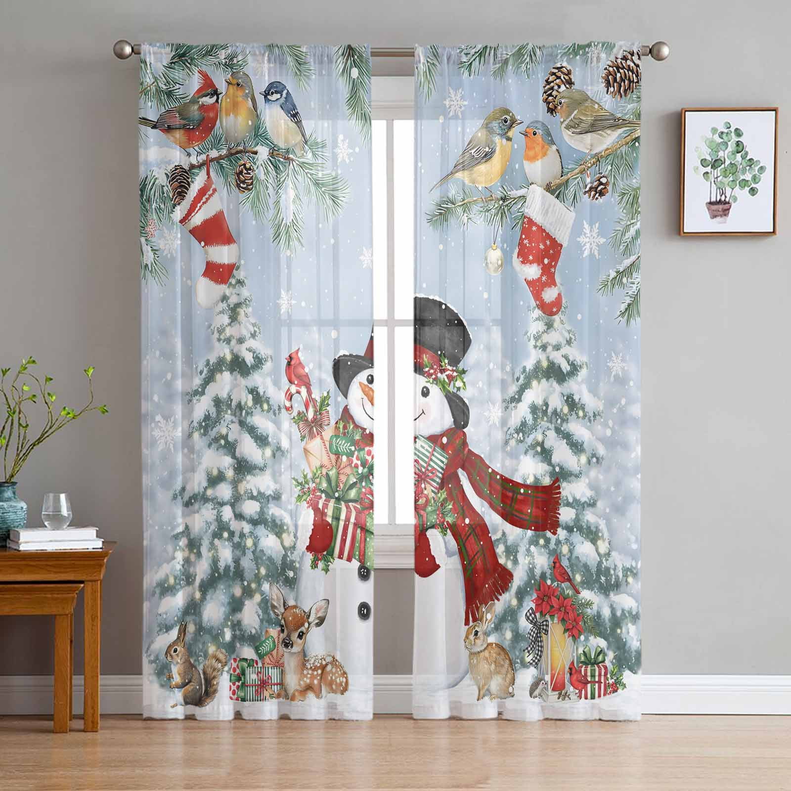ERUNPONLY Christmas Snowman Sheer Curtains 96 Inch Length 2 Panels Set ...