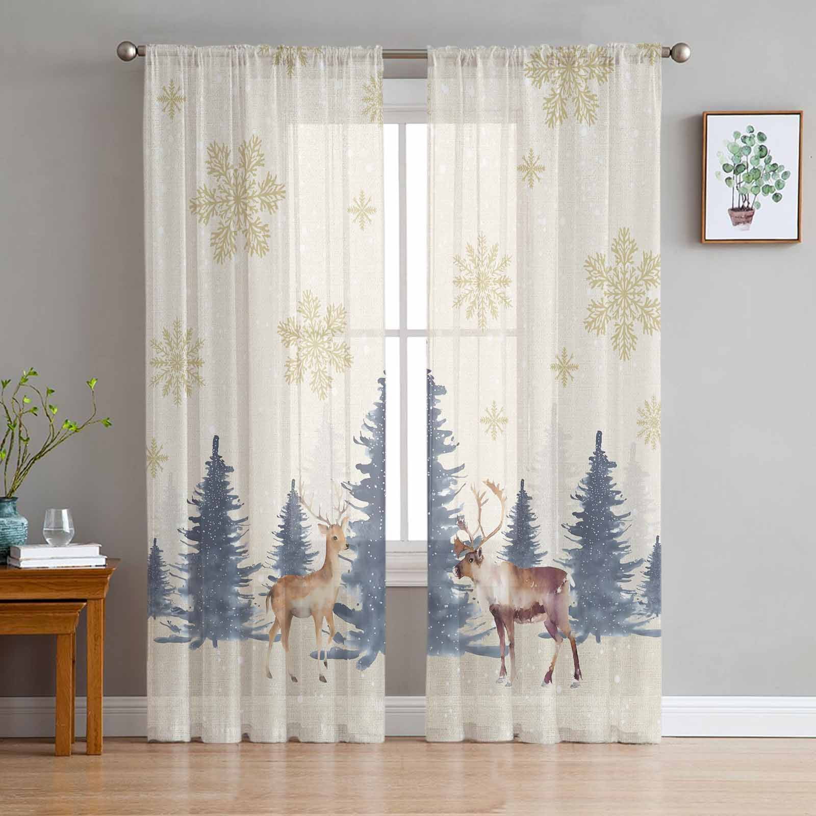 ERUNPONLY Christmas Tree Elk Sheer Curtains 72 Inch Length 2 Panels Set ...