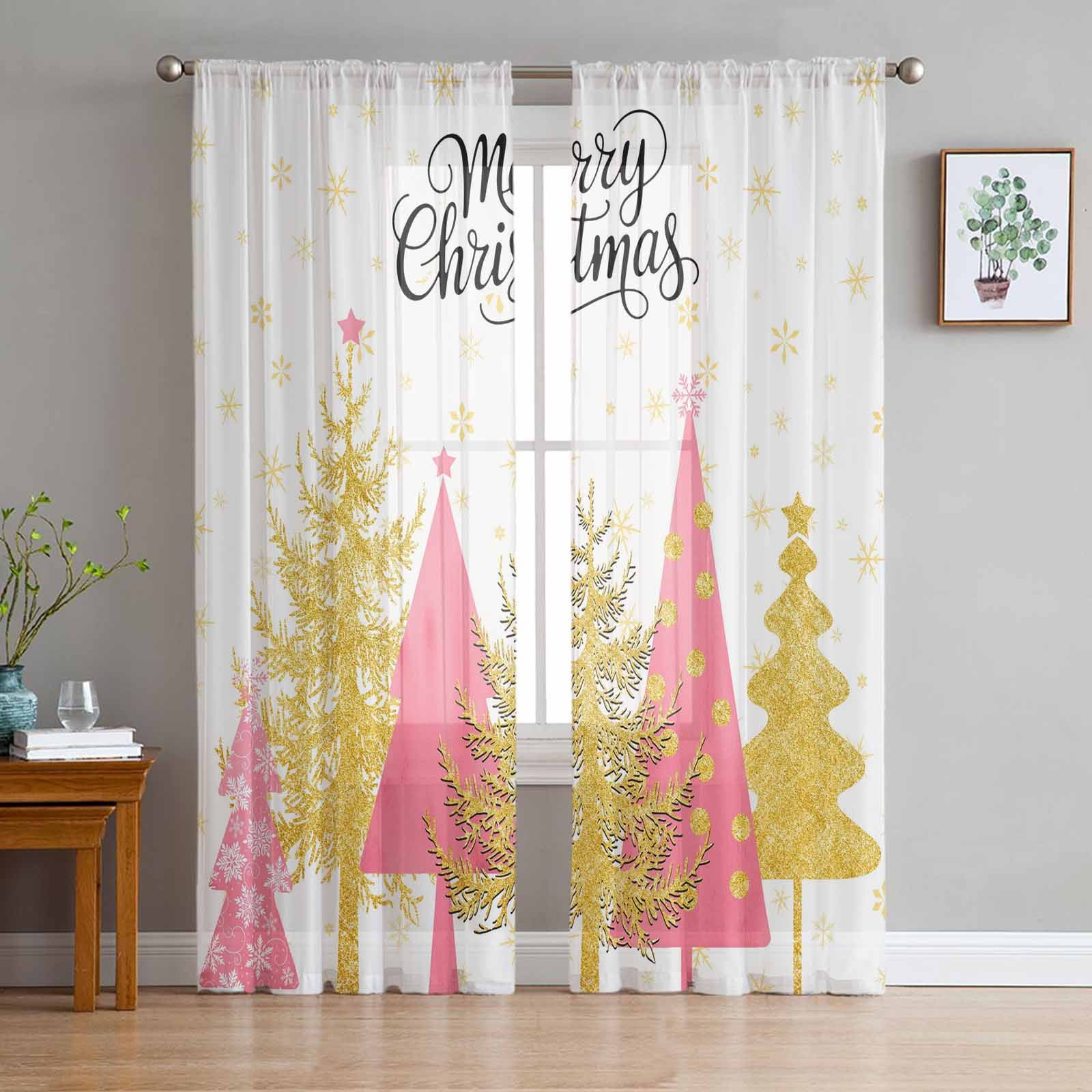 ERUNPONLY Christmas Tree Sheer Curtains 63 Inch Length 2 Panels Set ...