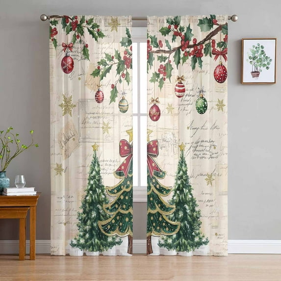 ERUNPONLY Christmas Tree Sheer Curtains 72 Inch Length 2 Panels Set ...