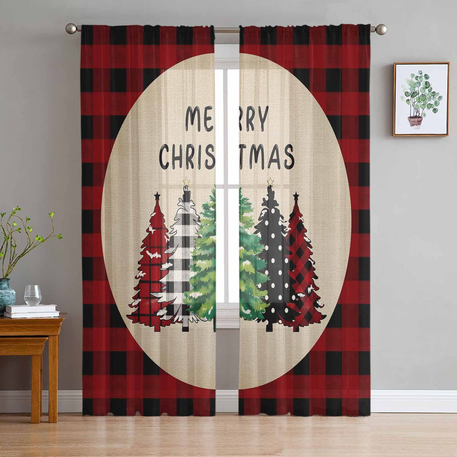 ERUNPONLY Christmas Tree Sheer Curtains 84 Inch Length 2 Panels Set ...