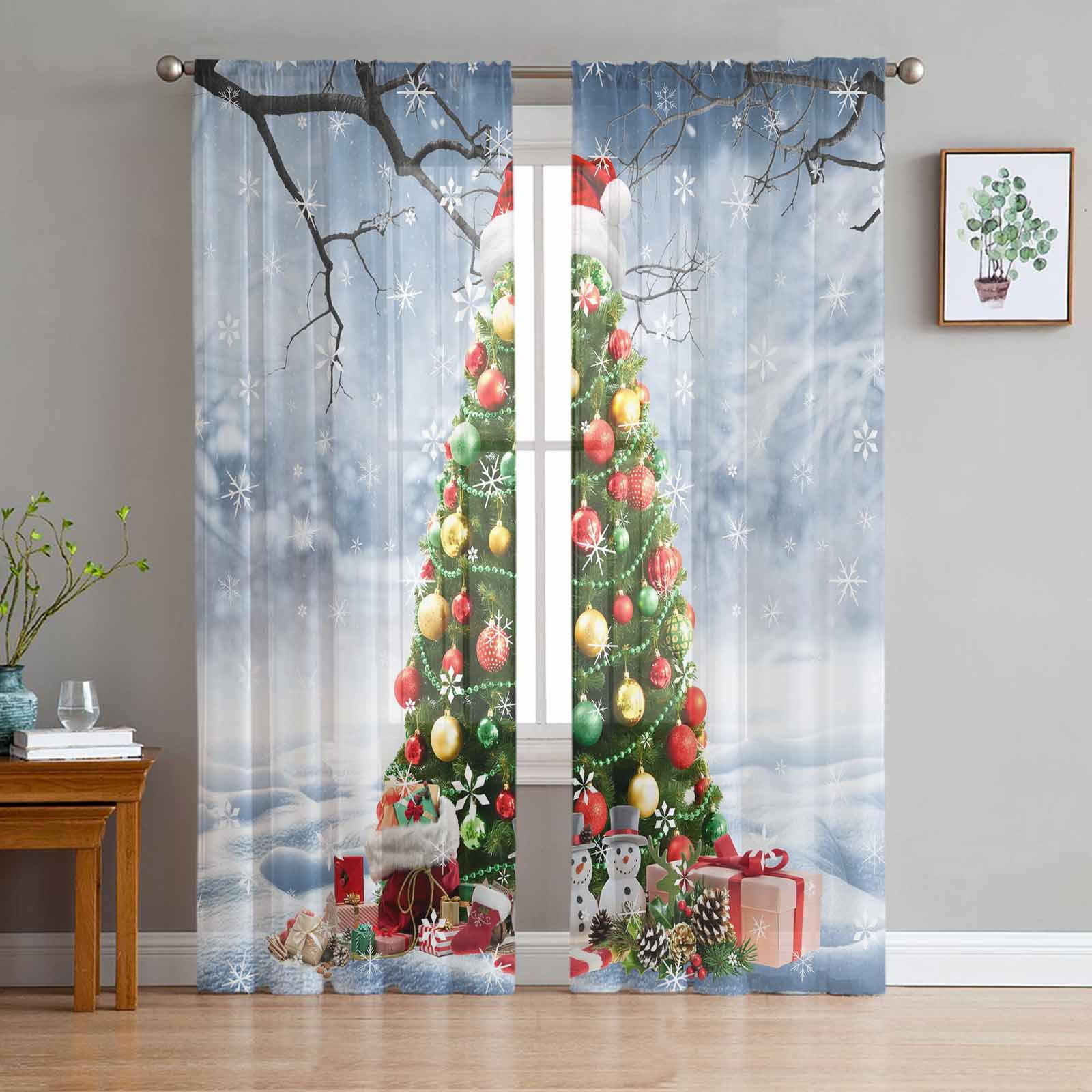 ERUNPONLY Christmas Tree Sheer Curtains 96 Inch Length 2 Panels Set ...