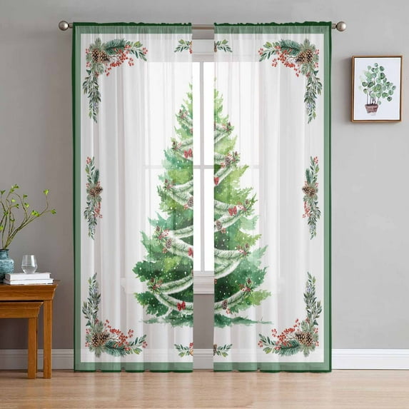 ERUNPONLY Christmas Trees Sheer Curtains 96 Inch Length 2 Panels Set ...
