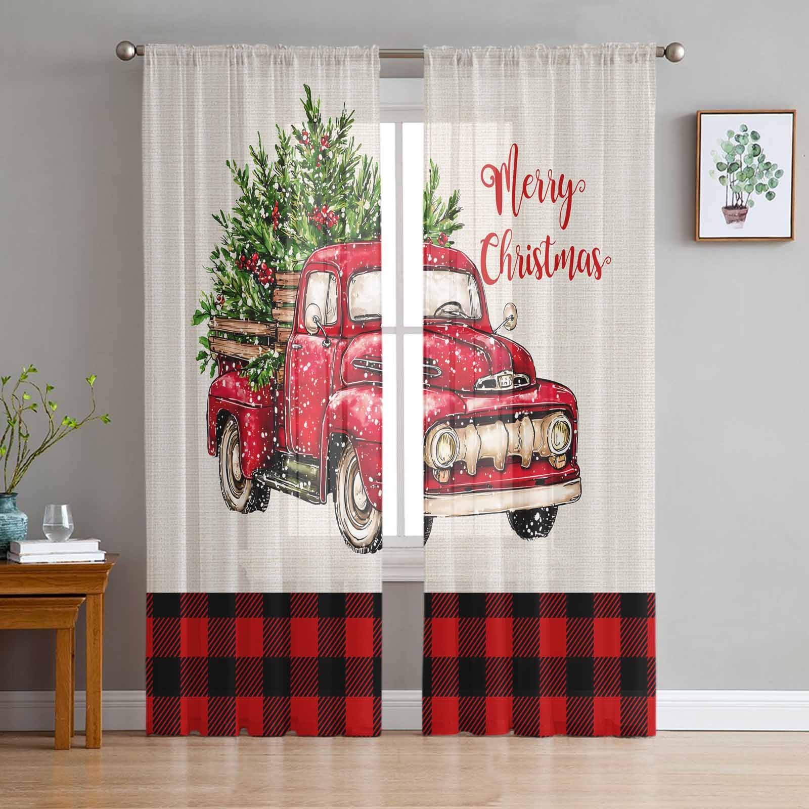 ERUNPONLY Christmas Truck Sheer Curtains 72 Inch Length 2 Panels Set ...