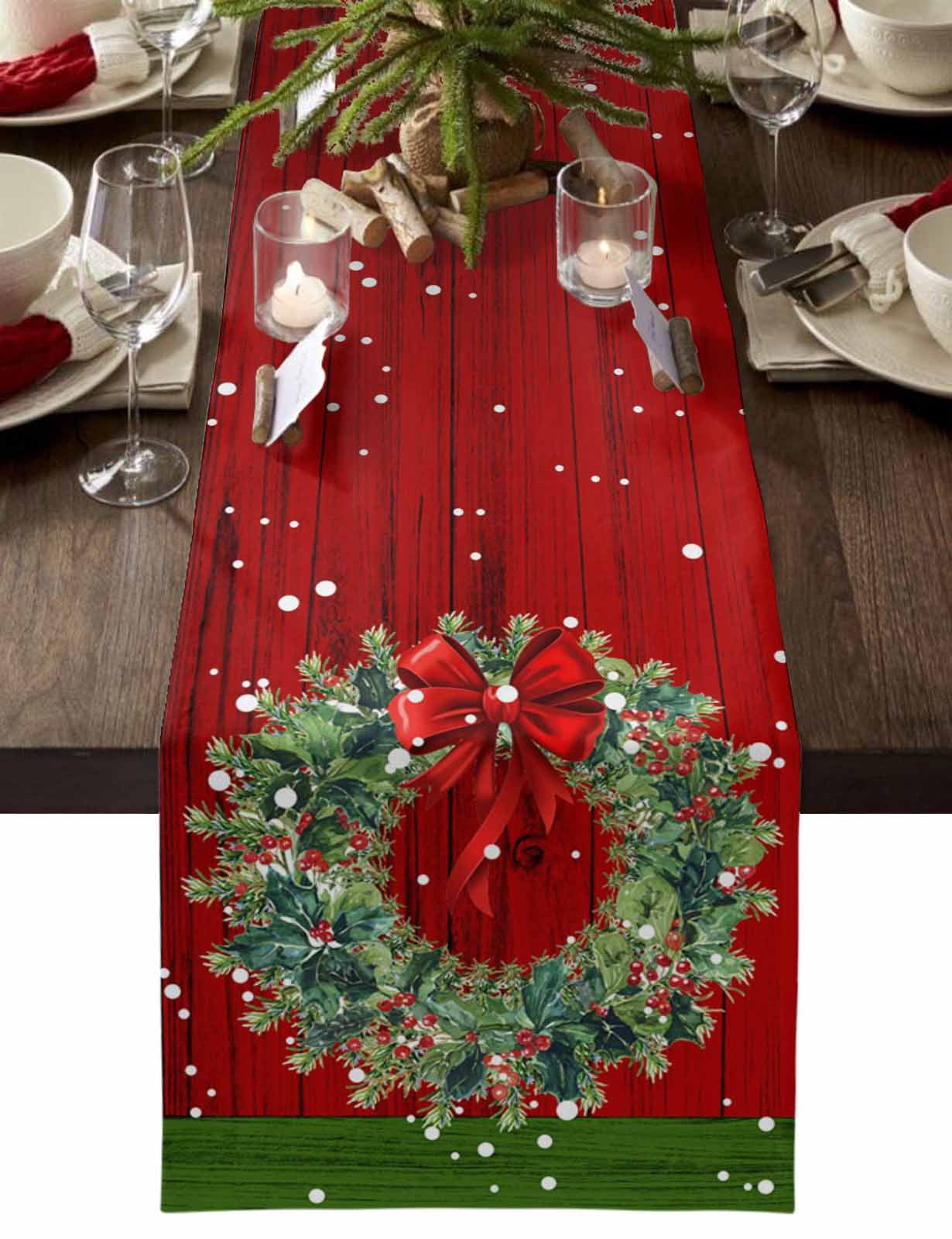 ERUNPONLY Christmas Wreath Table Runner - 108 Inch Long Red Green ...