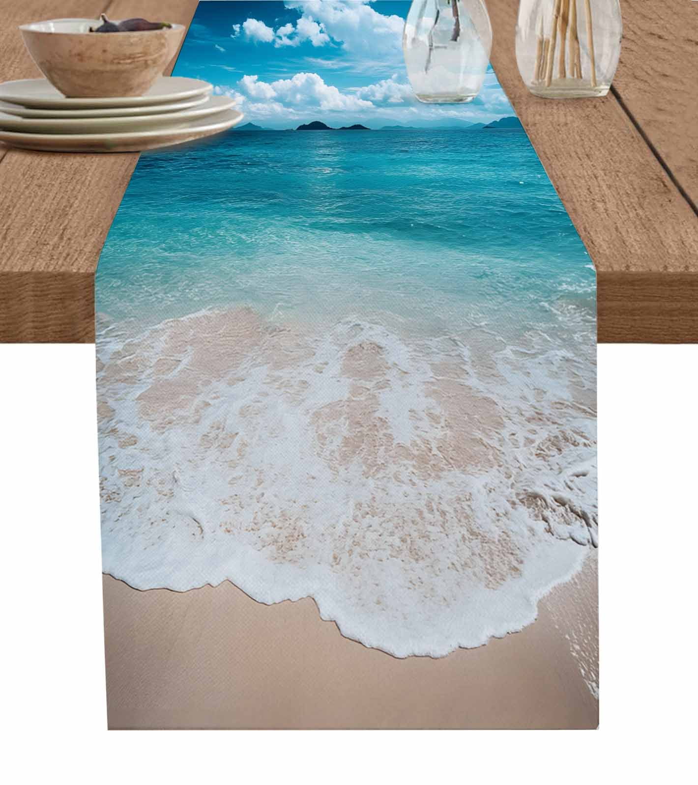 ERUNPONLY Coastal Beach Table Runner - 108 Inch Long Blue Ocean Summer Sand Mountain Shore ...