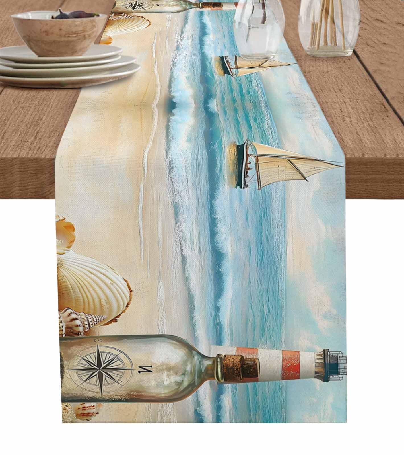 ERUNPONLY Coastal Beach Table Runner - 60 Inch Long Nautical Wave ...
