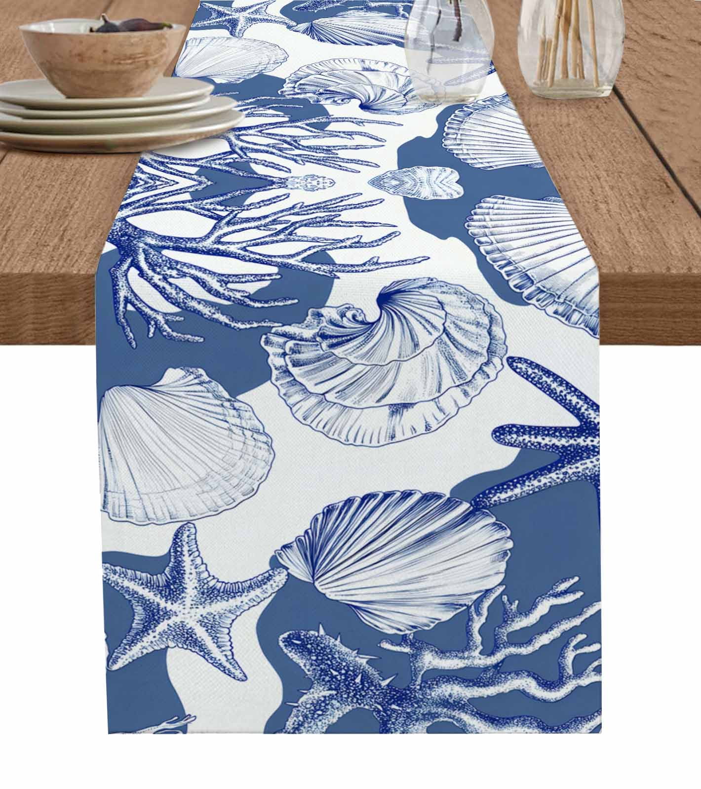 ERUNPONLY Coastal Blue Coral Table Runner - 90 Inch Long Summer Ocean ...