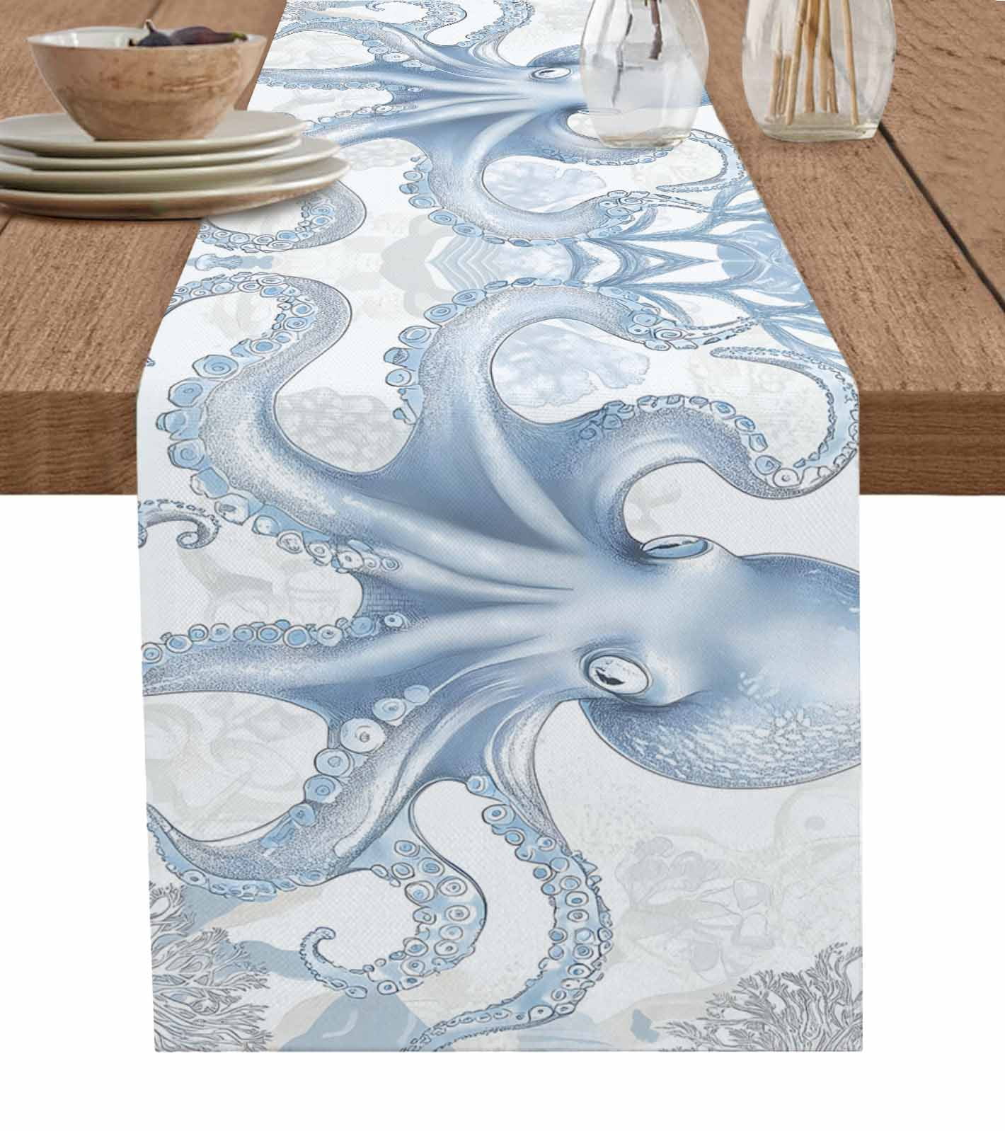 ERUNPONLY Coastal Blue Octopus Table Runner - 60 Inch Long Vintage ...