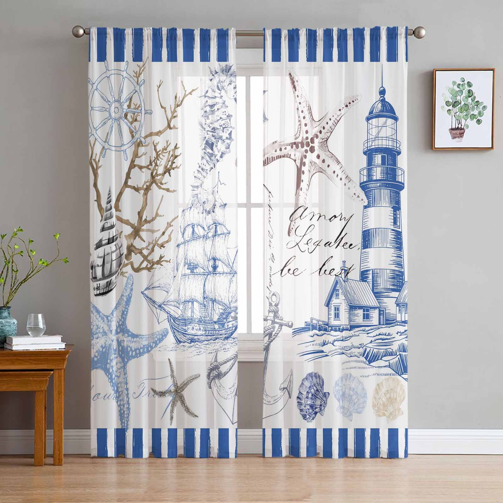 ERUNPONLY Coastal Blue Sheer Curtains 63 Inch Length 2 Panels Set ...