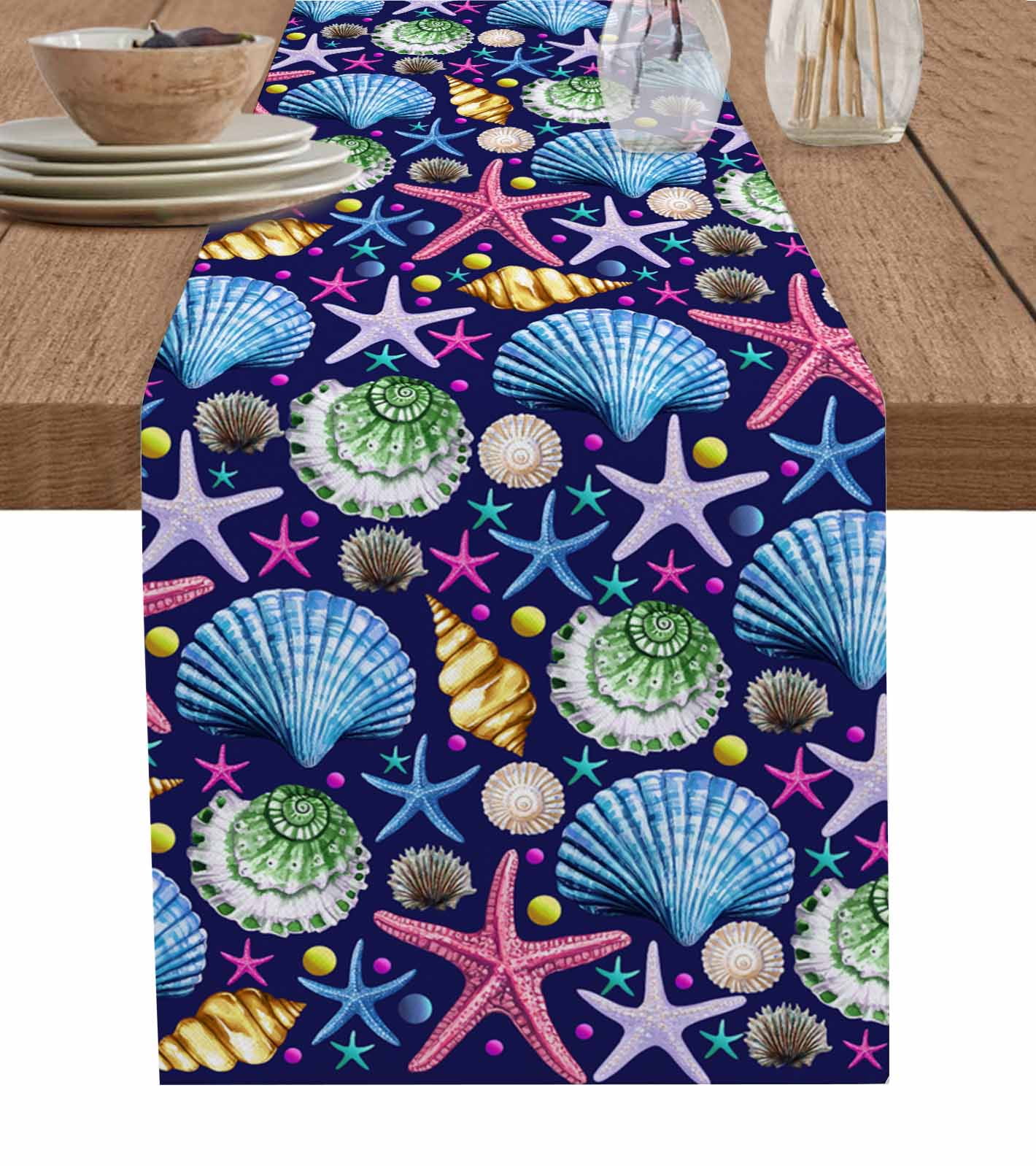 ERUNPONLY Coastal Blue Table Runner - 90 Inch Long Ocean Starfish Shell ...