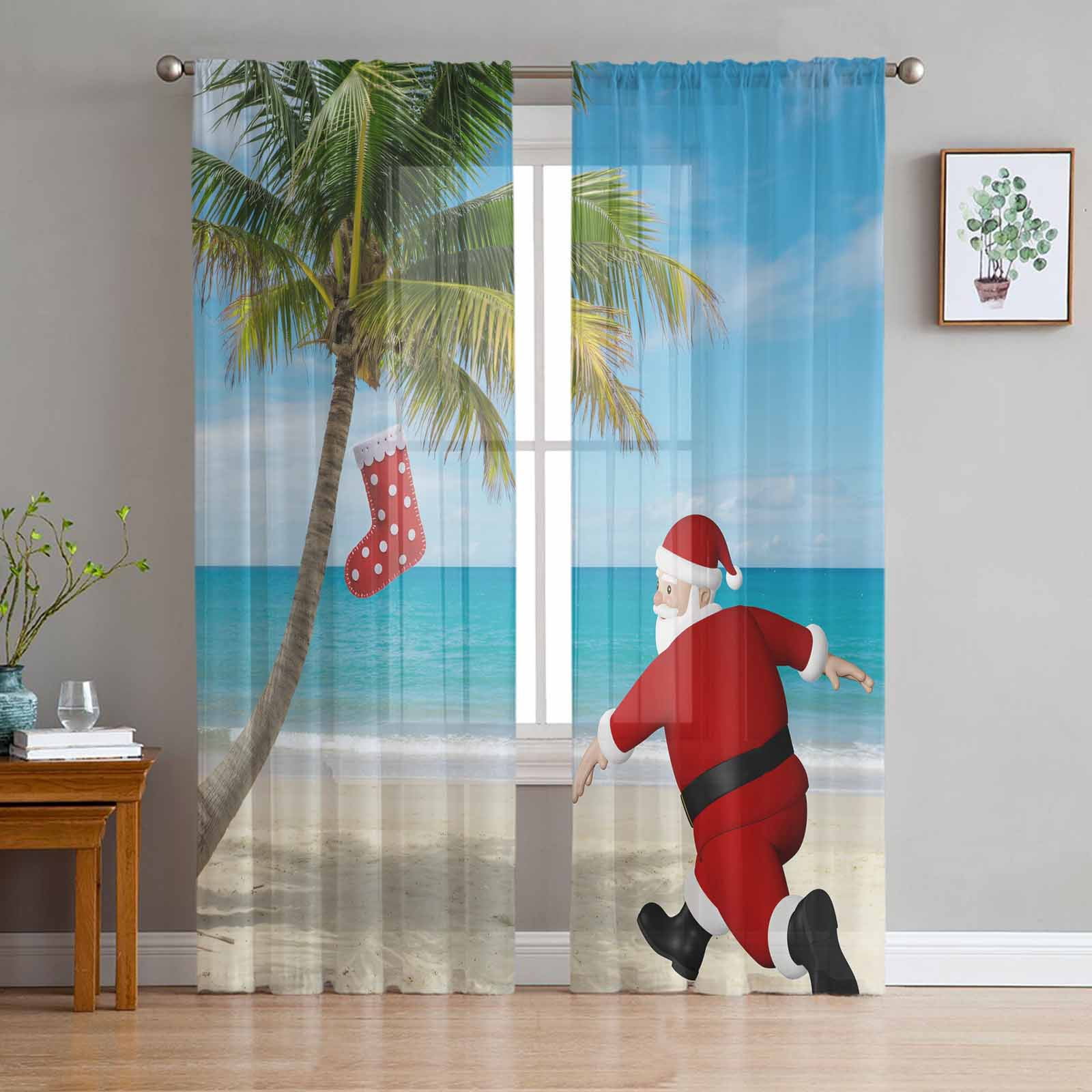 ERUNPONLY Coastal Christmas Santa Sheer Curtains 72 Inch Length 2 ...