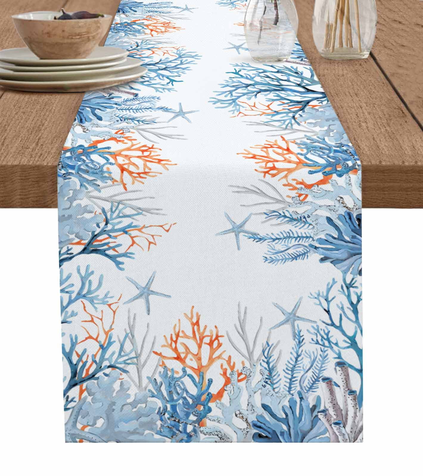 ERUNPONLY Coastal Coral Table Runner - 120 Inch Long Blue Ocean ...