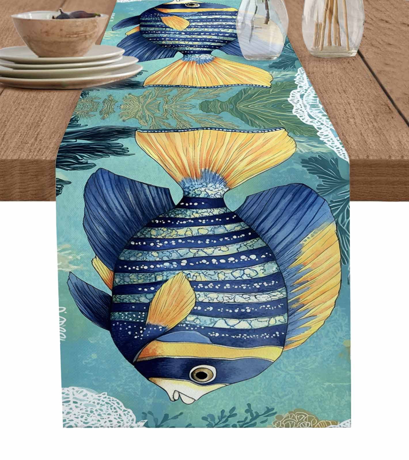 ERUNPONLY Coastal Ocean Table Runner - 48 Inch Long Summer Abstract ...