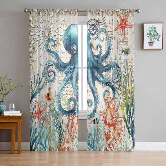 ERUNPONLY Coastal Octopus Sheer Curtains 63 Inch Length 2 Panels Set ...