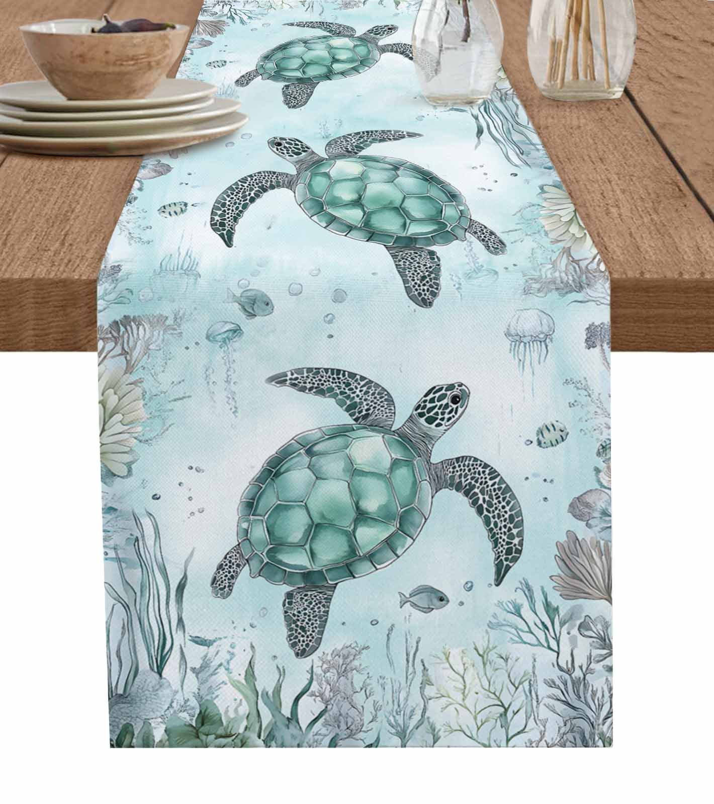 ERUNPONLY Coastal Sea Turtle Table Runner - 36 Inch Long Nautical ...